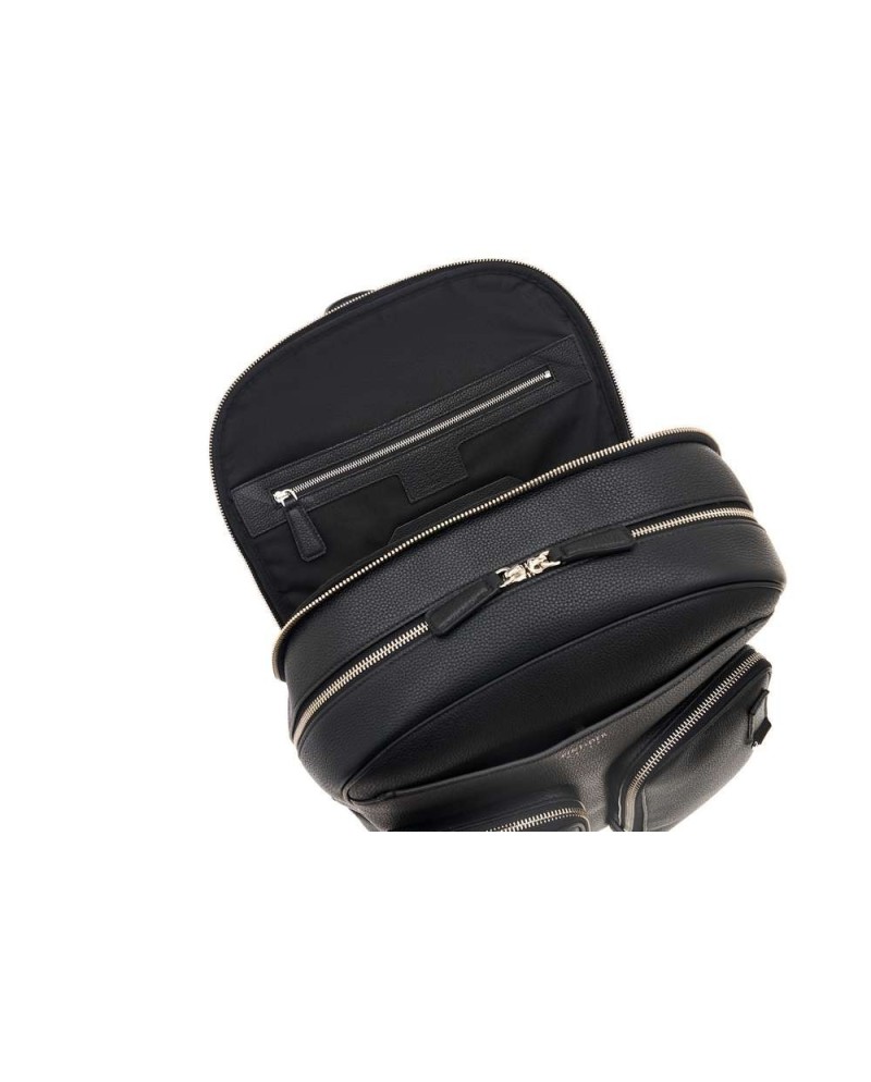 Pineider Daily 23 Men's Backpack in Black Leather with Double Pocket